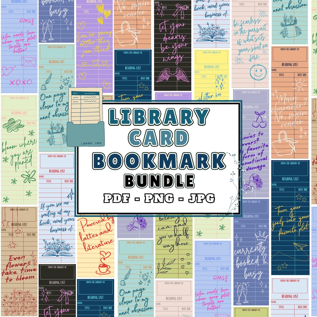 Library Card Bookmark Bundle PDF PNG JPG | 16 Printable Reading List ...