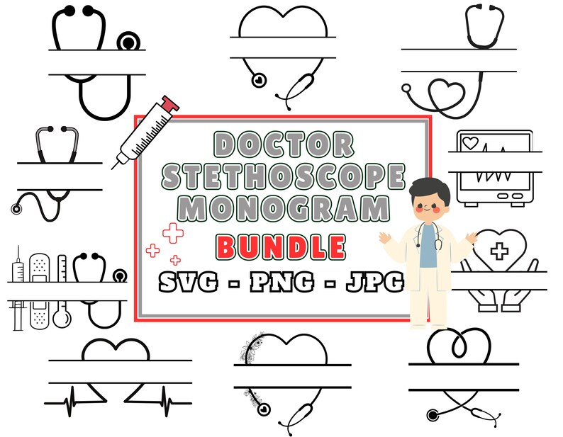 Stethoscope Split Monogram SVG PNG JPG Bundle | Custom Medical ...