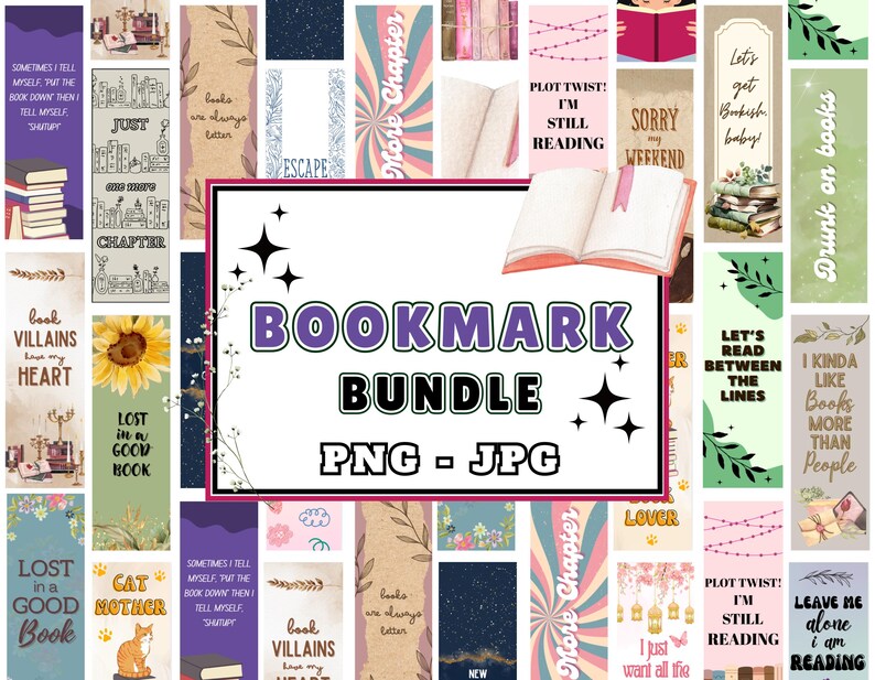 Bookmark PNG JPG Bundle | 20 Bookmark Printable Designs | Gift for Book ...