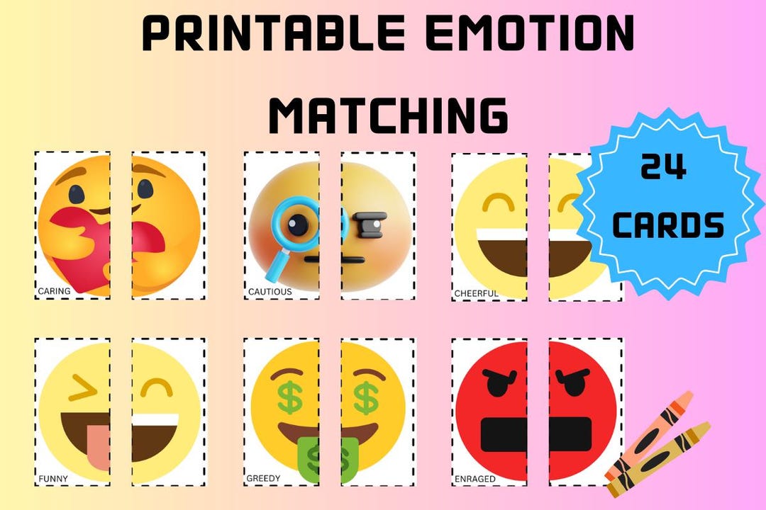 24 Emotion Matching Game for Kids, Fun Printable Memory Game, Match ...
