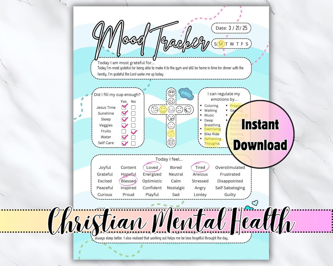 Blue Christian Mood Tracker for Women Self Care Planner Mental Health ...