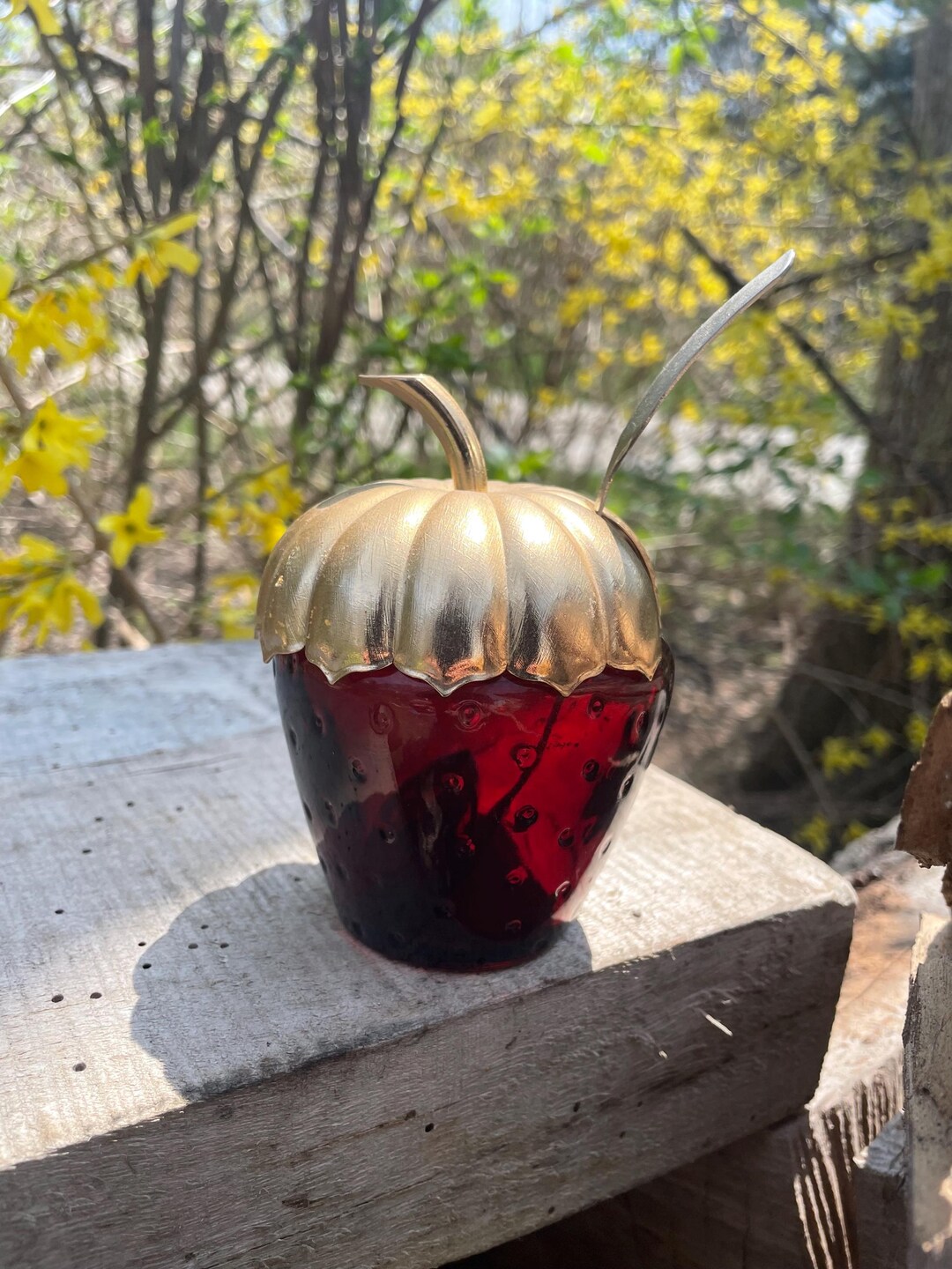 Avon Strawberry Shaped Jar – 1970s Red Glass Container With Gold Lid ...