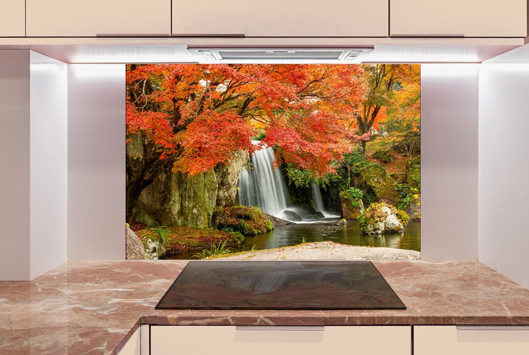 Autumn Waterfall Glass Backsplash – Japanese Maple Forest Scene ...