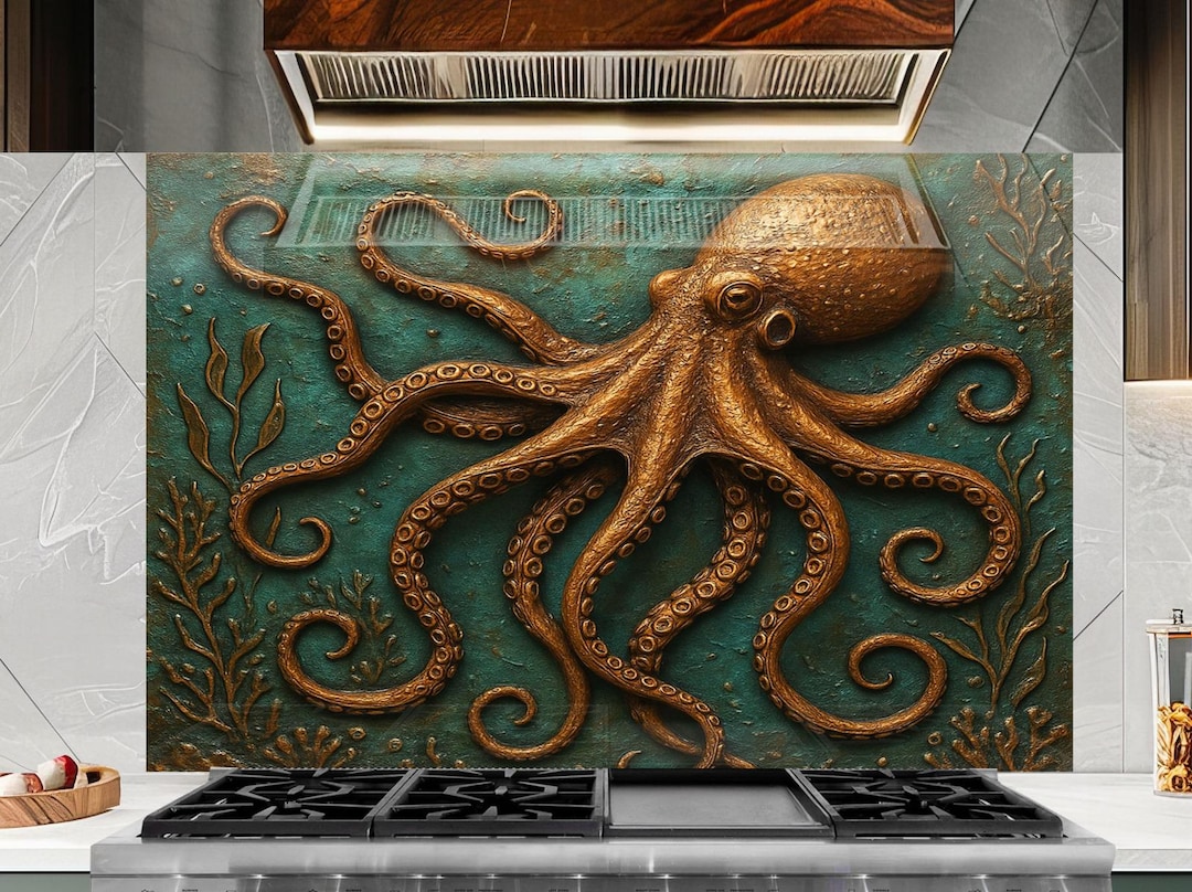 Octopus Tempered Glass Kitchen Backsplash – Bronze Sea Life Design ...