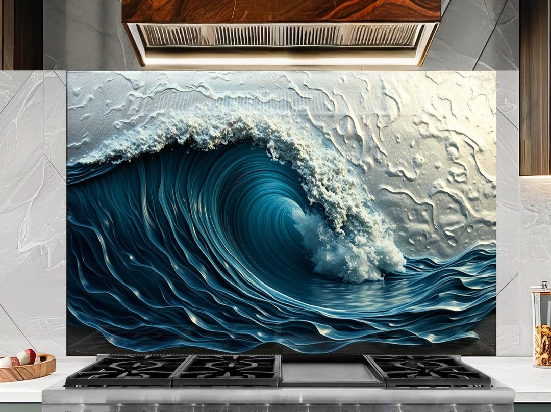 Tempered Glass Backsplash Tropical Backsplash Tiles-ocean Waves ...