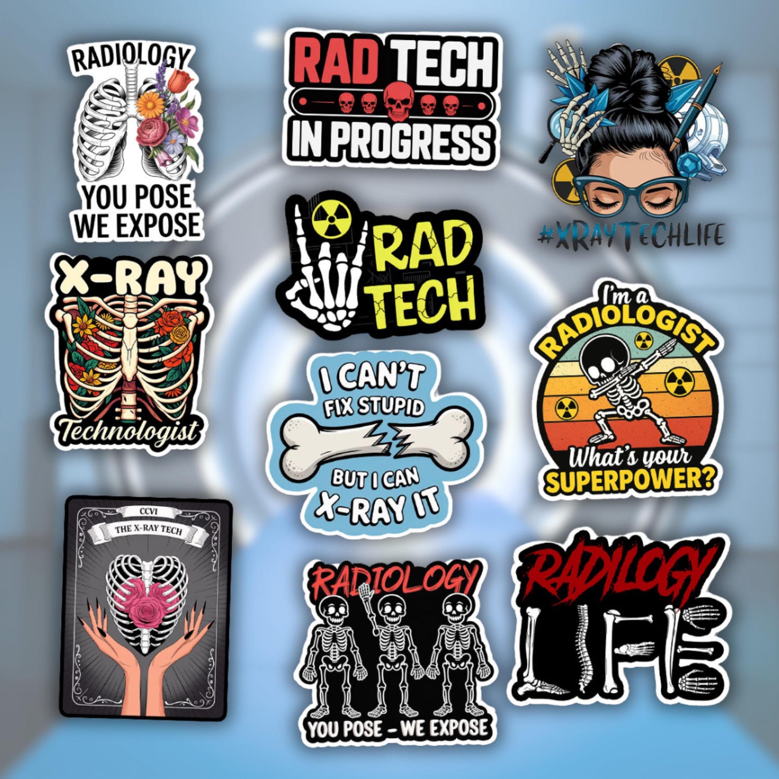 COMBO 10 PCS Radiology Stickers Pack, X-ray Tech Decals, Radiology Tech ...