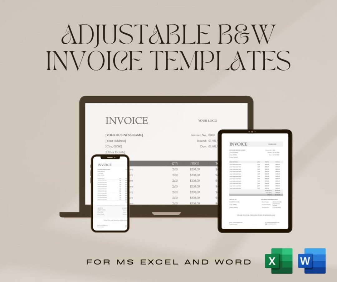 Minimalist Invoice Template, MS Excel Calculations, MS Word, Invoice ...