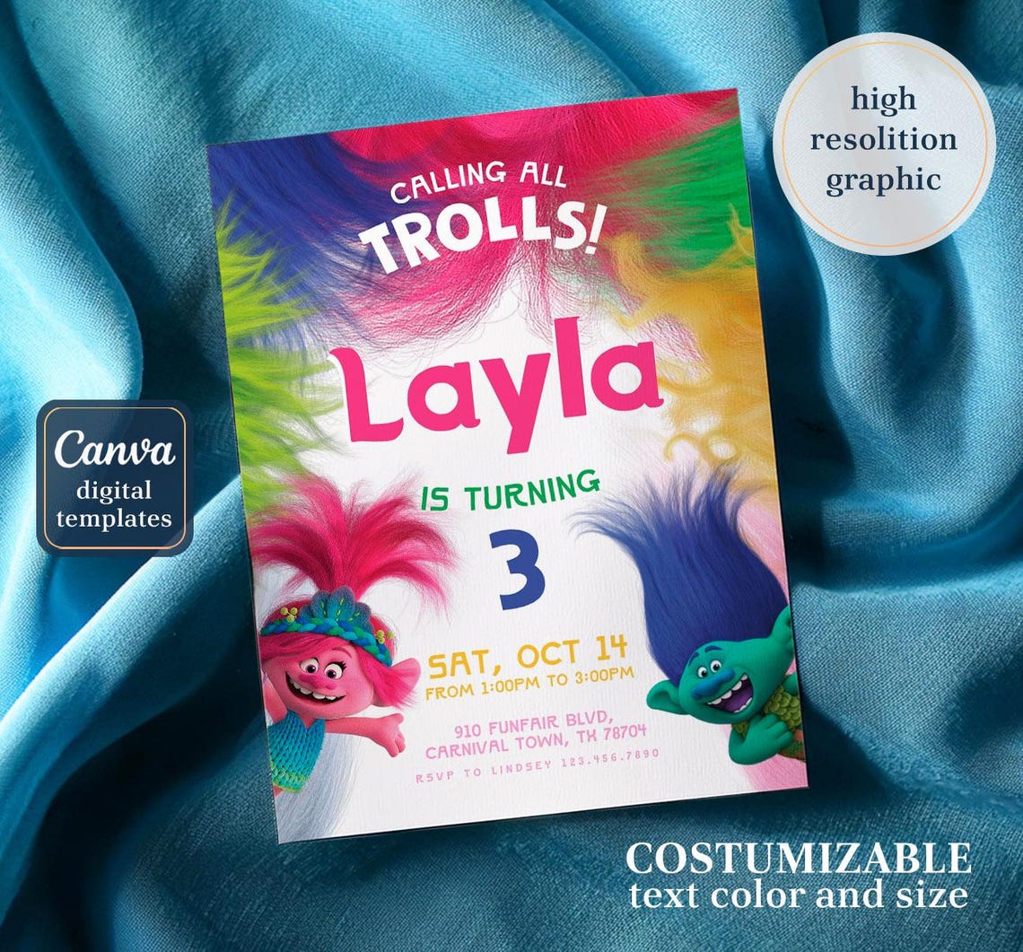 Editable Trolls Invite, Printable Birthday Invitation, Girl Birthday ...