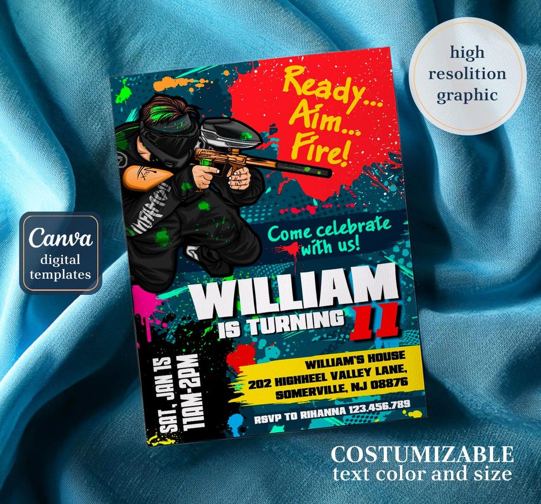 Paintball Battle Editable Birthday Invite, Paint Ball Wars Invitation ...