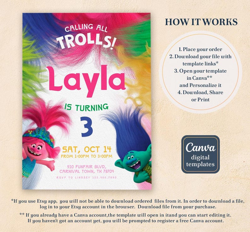 Editable Trolls Invite, Printable Birthday Invitation, Girl Birthday ...