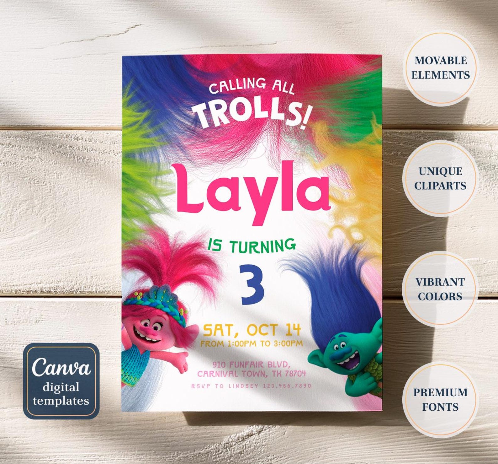 Editable Trolls Invite, Printable Birthday Invitation, Girl Birthday ...