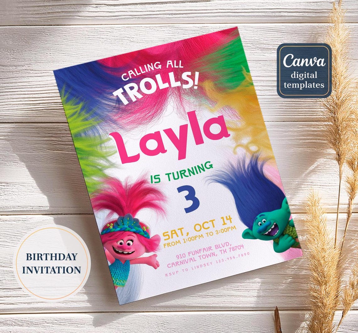 Editable Trolls Invite, Printable Birthday Invitation, Girl Birthday ...