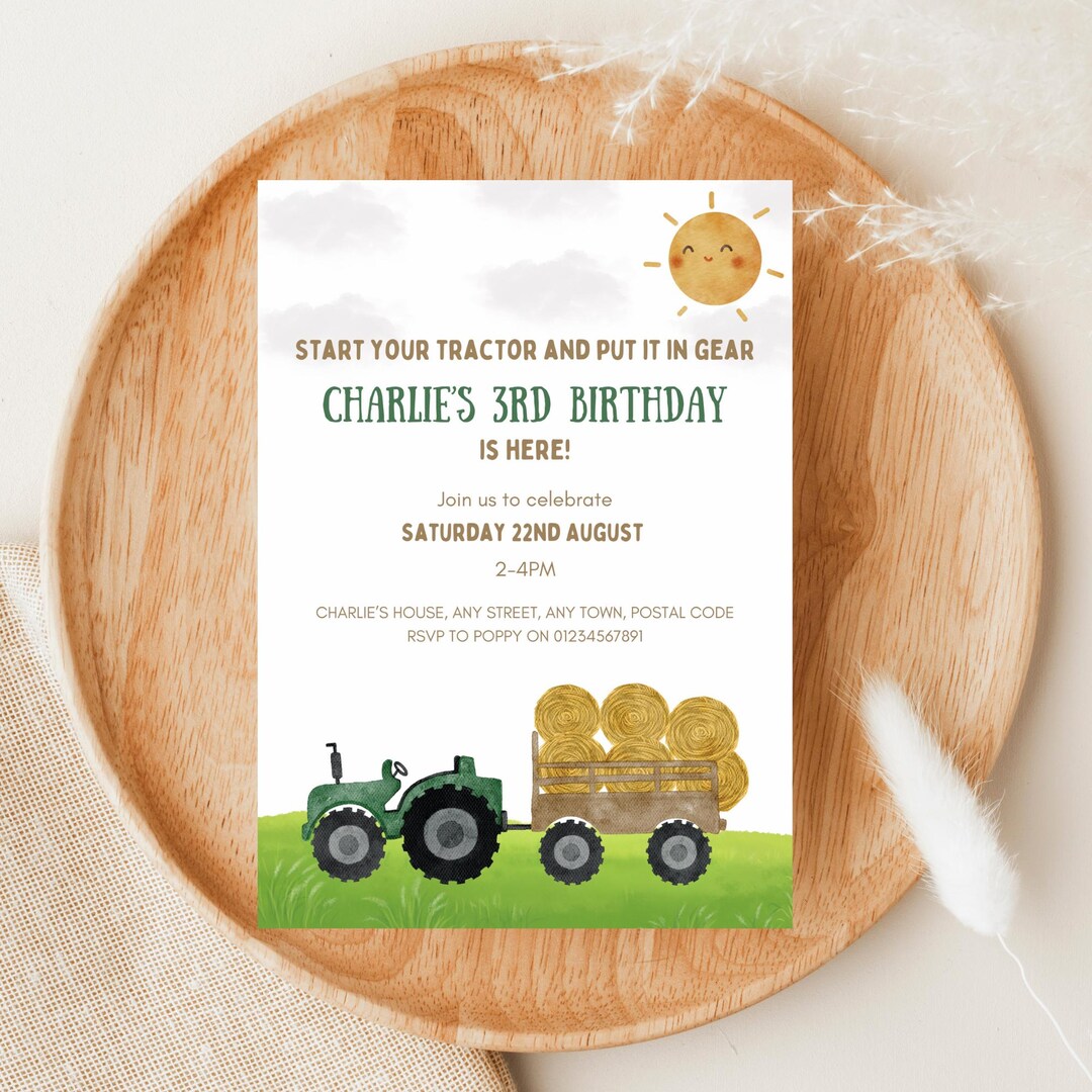 Green Tractor Farm Themed Birthday Invitation Digital Template Boys ...
