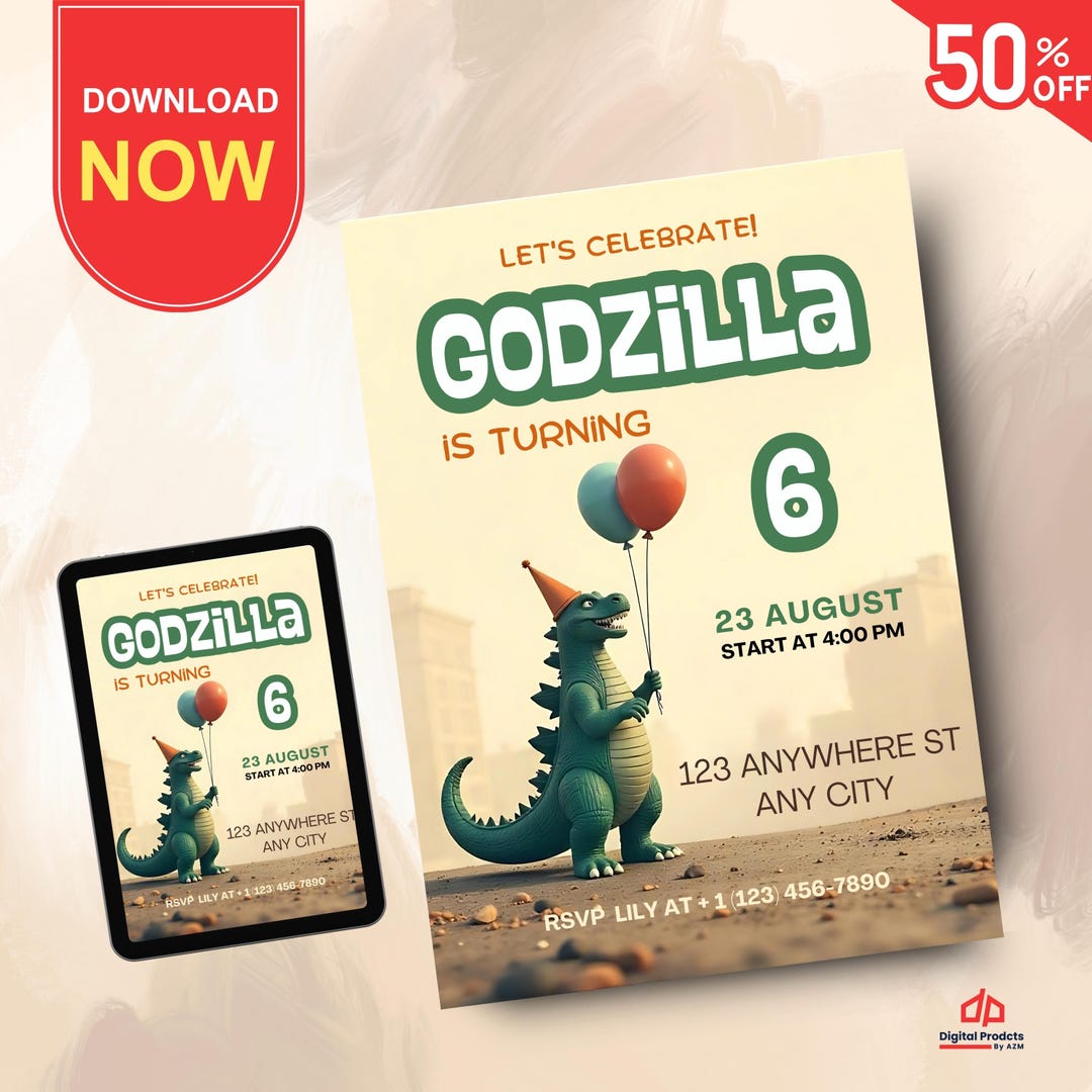 Editable Godzilla Invitation Template | Editable Godzilla Birthday ...