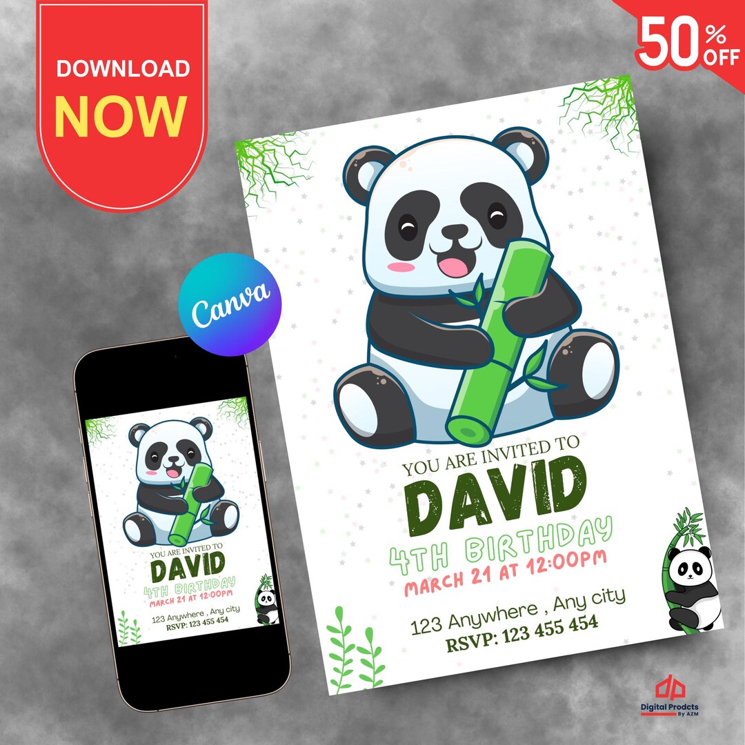 Panda Birthday Party Invitation - Printable Panda Theme Party Invite ...