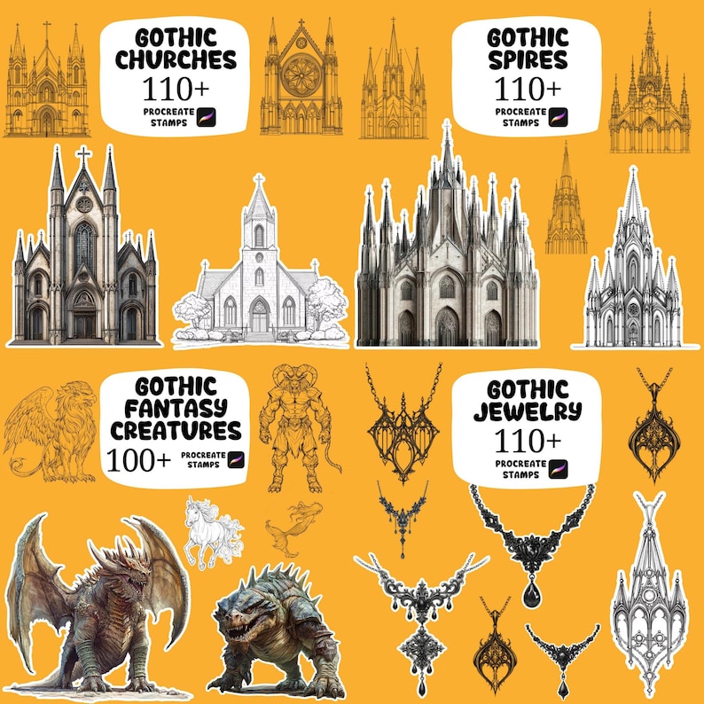 3500+ Gothic Procreate Bundle, Churches, Spires, Furniture, Gothic ...