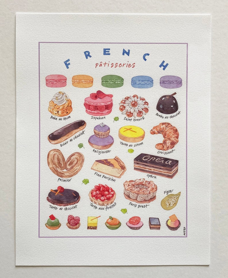 French Patisseries Print, Watercolor Food Illustration, Kitchen Decor ...