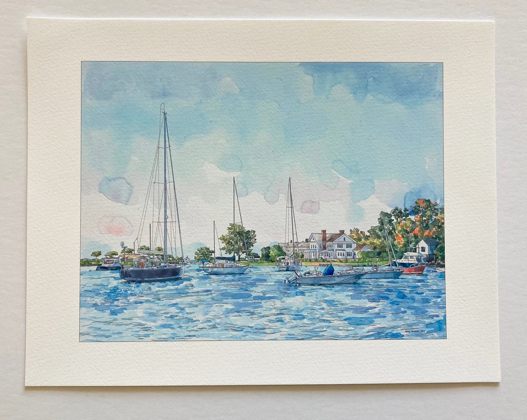 Sailboats Print, Watercolor Sailboats Print, Marina Illustration ...