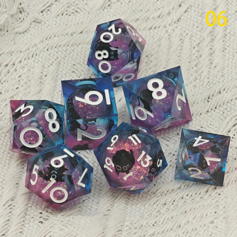 Galaxy Cat Liquid Core Dice Set – Blue & Pink Sparkling Swirl Resin ...