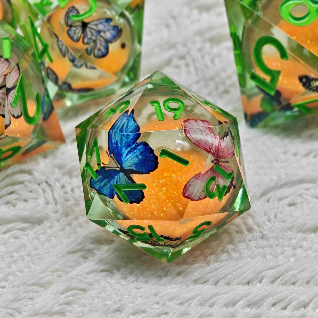 Flutterlight Butterfly Liquid Core Dice Set | Green-orange Shimmer ...