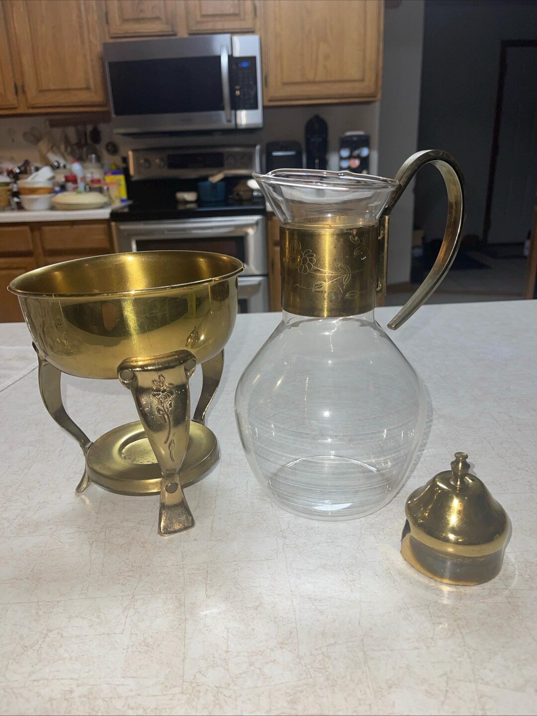Princess House Gold Brass Coffee Warmer Tea Carafe and Clawfit Stand ...