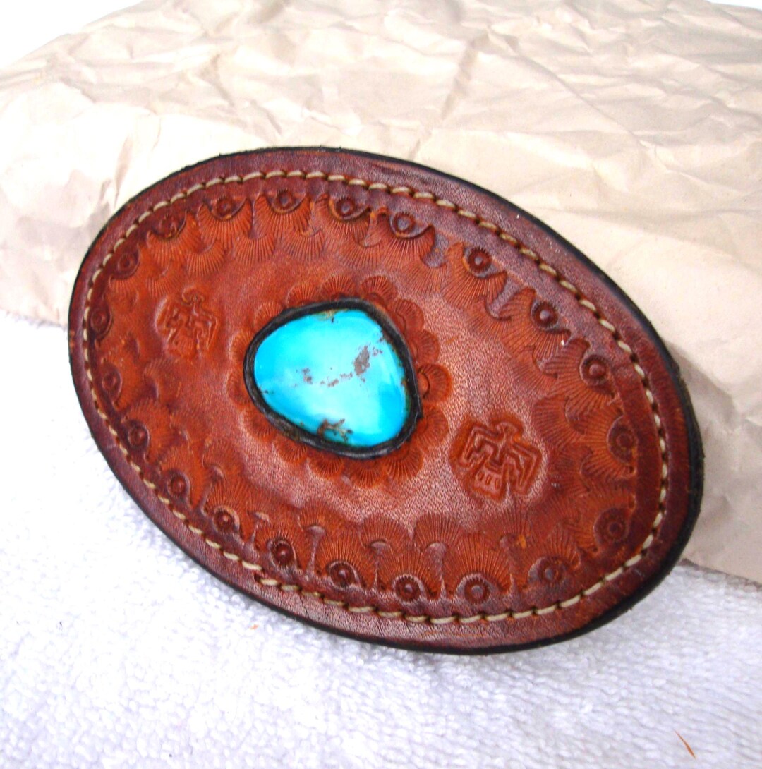 Turquoise Thunderbird Belt Buckle: Stamped Leather Inlaid Stone ...