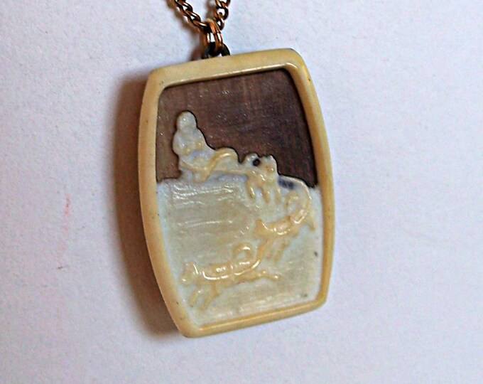 Vintage Alaskan Ivory Pendant Necklace Dog Sled Team Frame Cameo GF ...