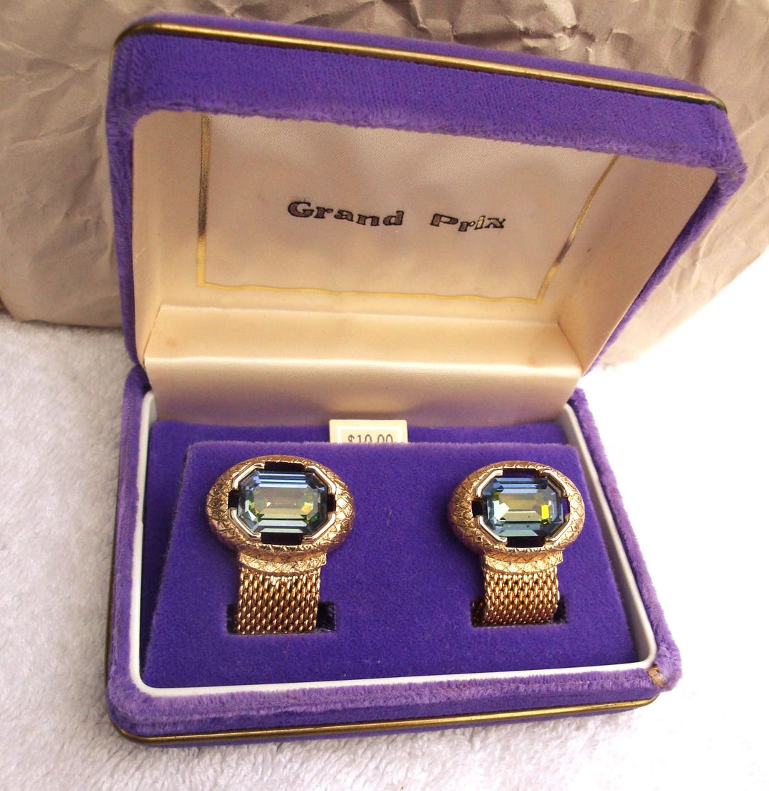 Swank Grand Prix Blue Crystal Cufflinks: Vintage Gold Tone Mesh Wrap in ...