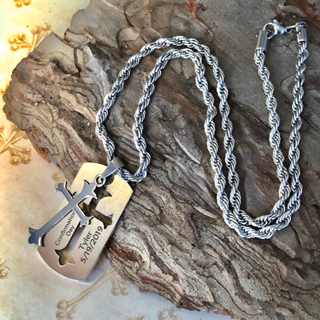 Boys Personalized Confirmation Engraved Cutout Dogtag Cross Necklace - Etsy