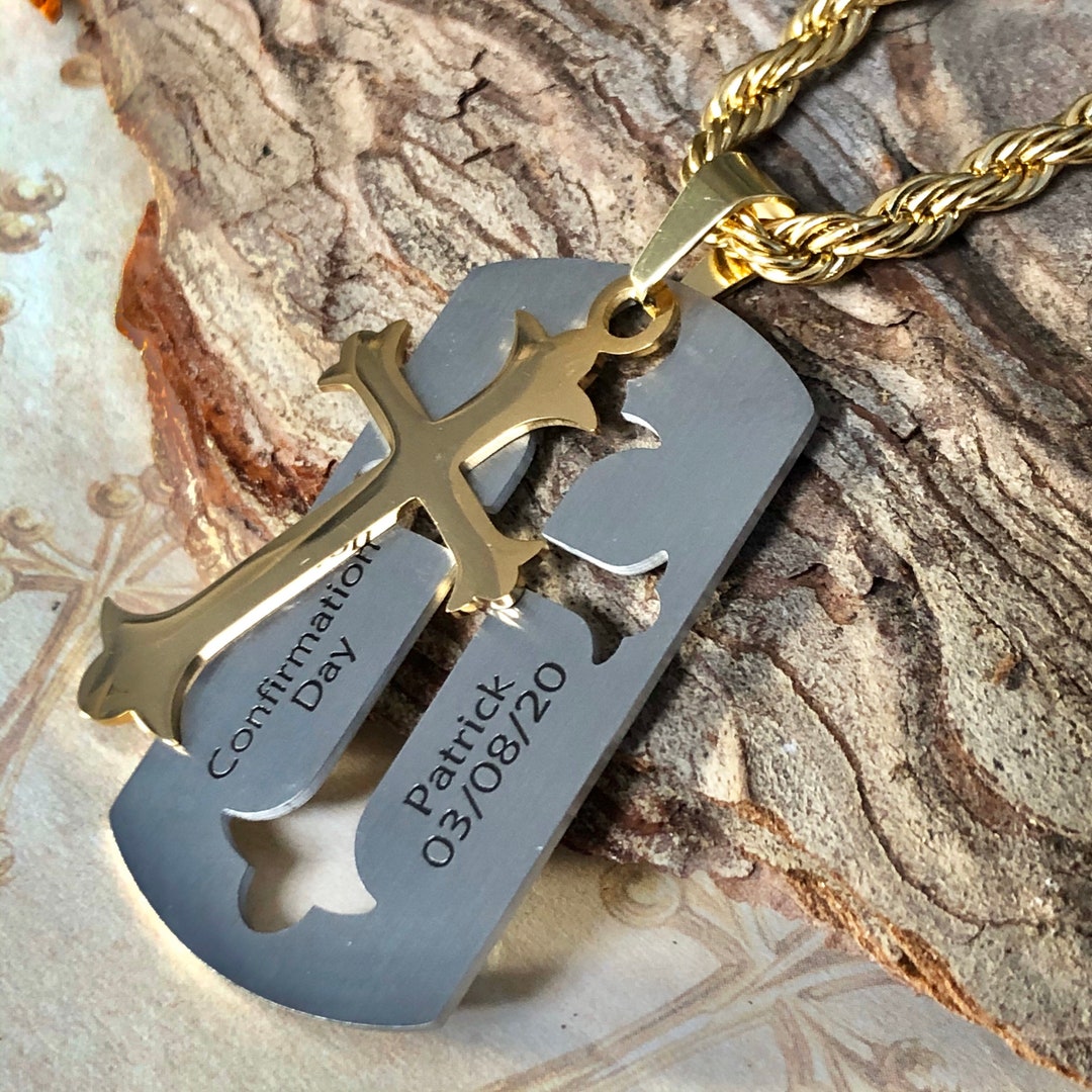 Boys Personalized Confirmation Engraved Cutout Dogtag Cross Gold ...