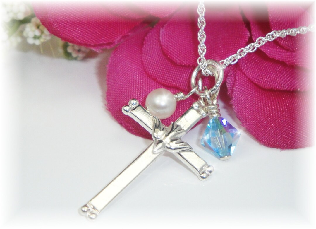 Girls First Communion Birthstone Necklace Cross With Dove Sterling ...