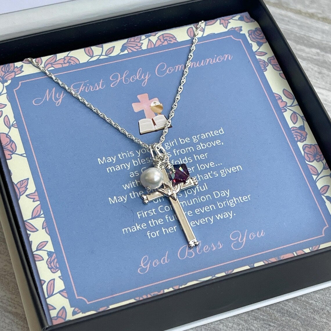 Girls First Communion Birthstone Necklace Cross With Dove Sterling ...