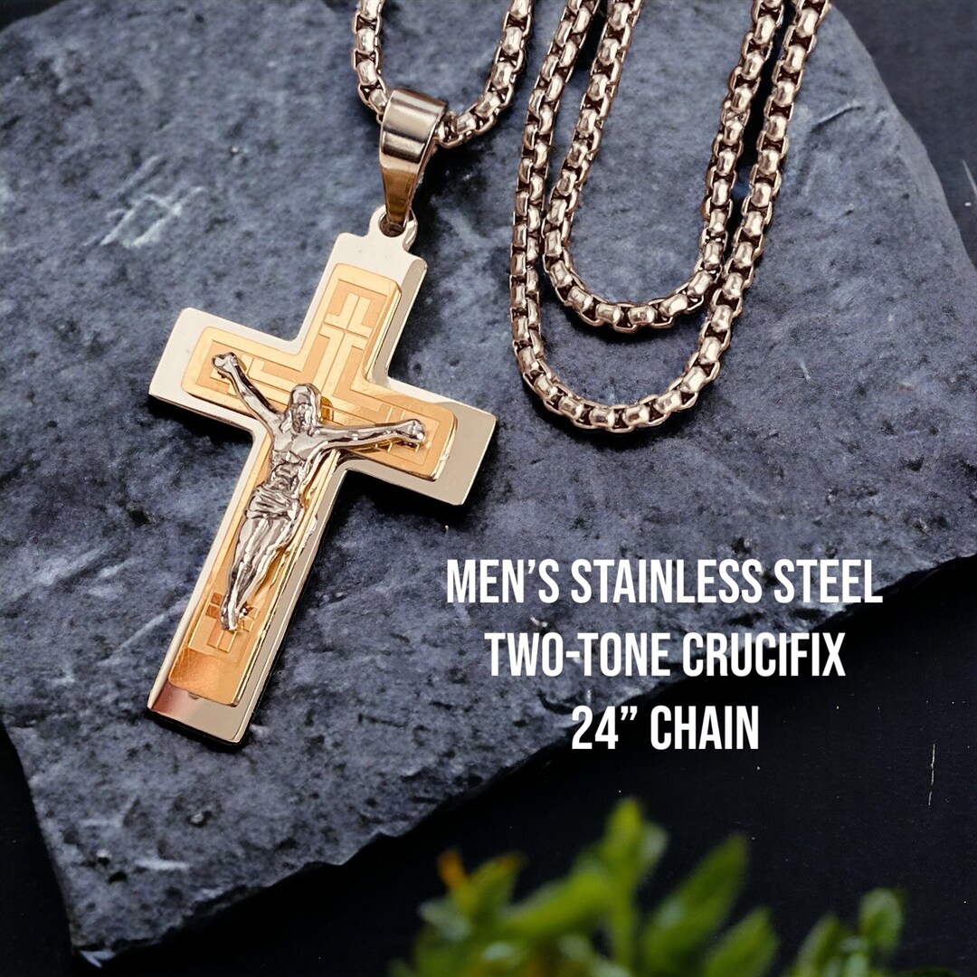 Christian Mens Crucifix Cross Necklace Silver Gold Stainless Steel ...