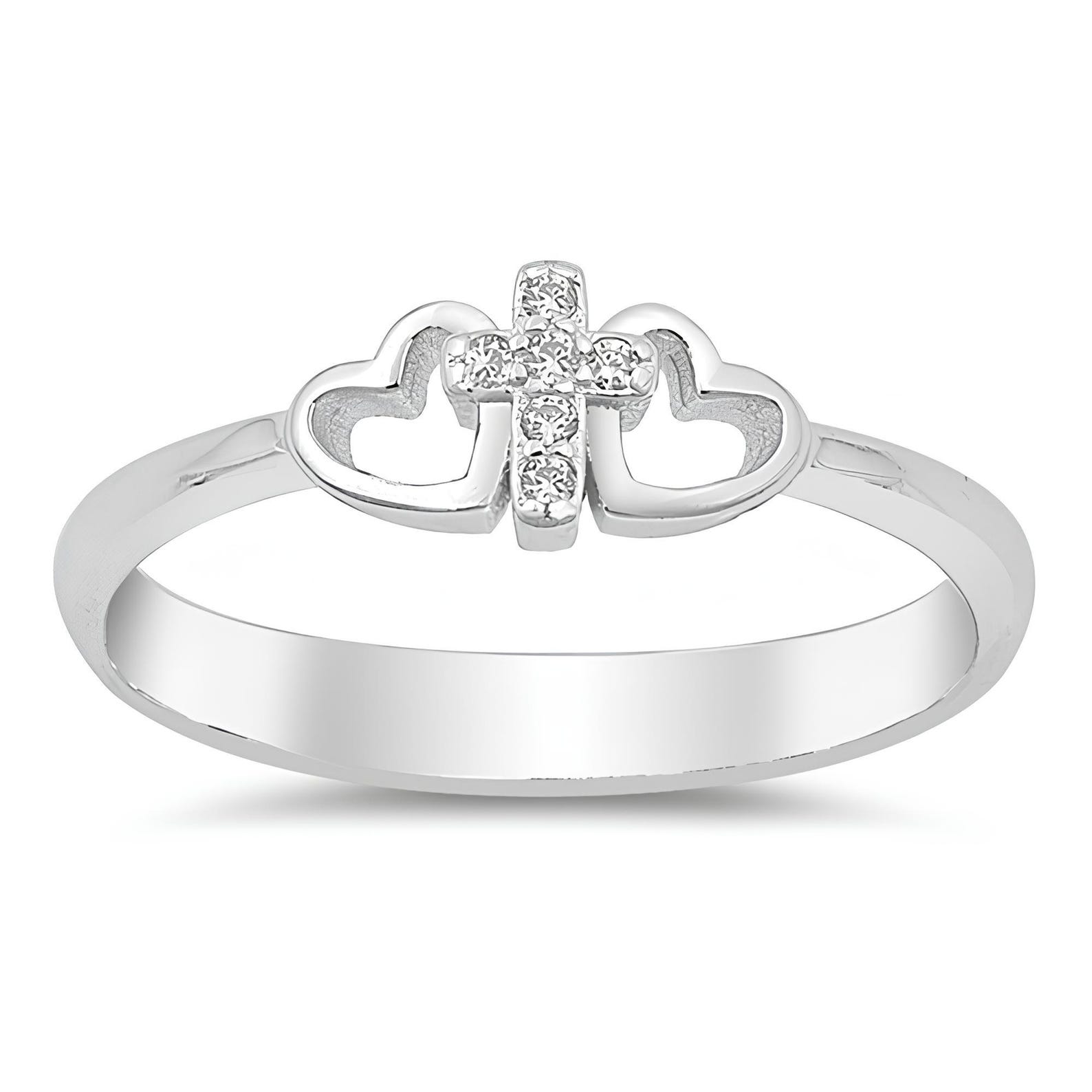 First Communion Sterling Silver Ring With Crystal CZ Cross and Hearts ...