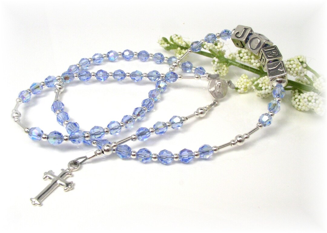 Personalized BABY Boy Rosary Blue Fine Austrian Crystal Baptism ...