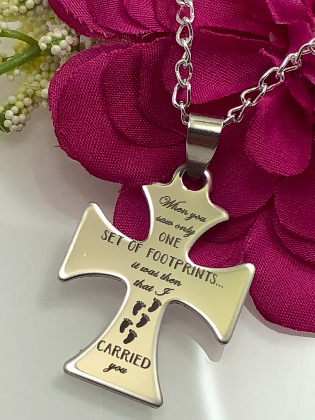 Footprints in the Sand Cross Necklace With Personal Message - Etsy