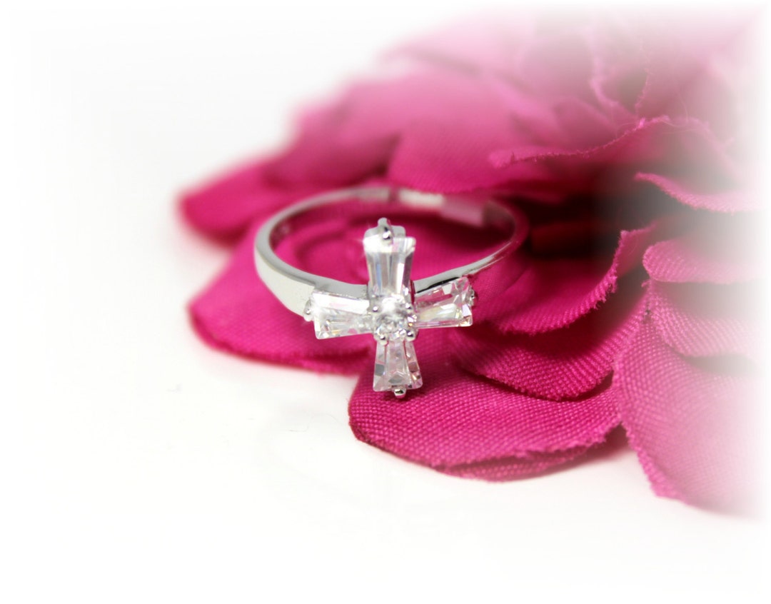 First Communion Sterling Silver Ring With Crystal CZ Cross - Etsy