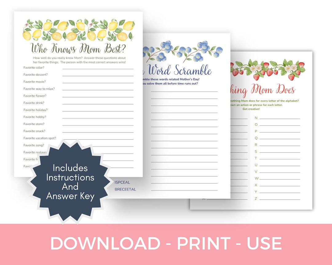 3 Game Mothers Day Printable Game Bundle for Mom, Who Knows Her Best ...