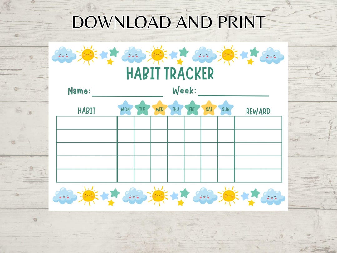 Kid's Printable One Week Habit Tracker, Habit Chart for Children, Habit ...