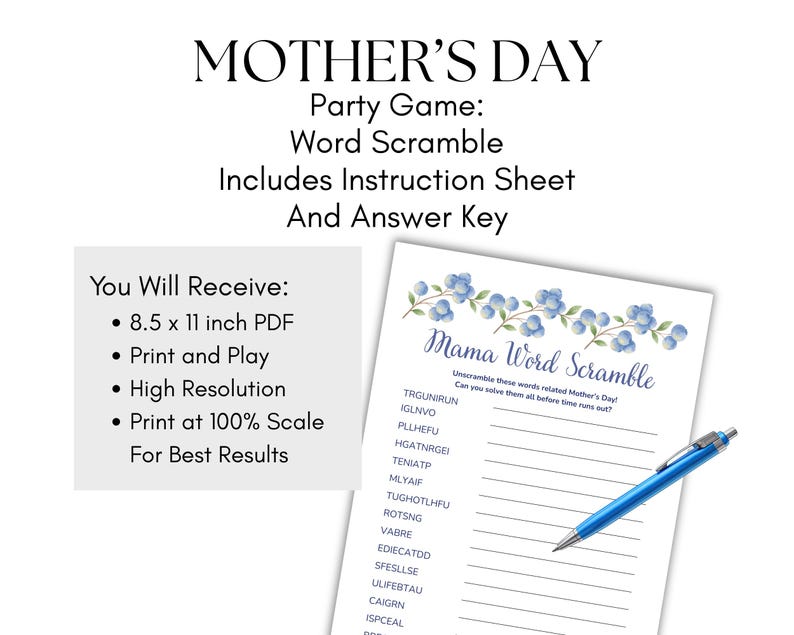 Word Scramble Game Printable With Answer Key for Mama, Mothers Day ...