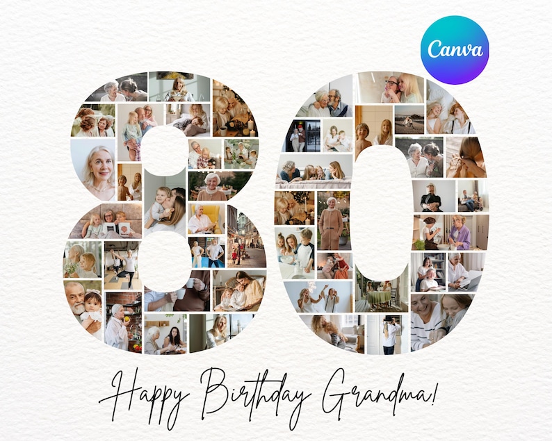 80th Birthday Photo Collage Gift: Personalized Canva Template (digital ...