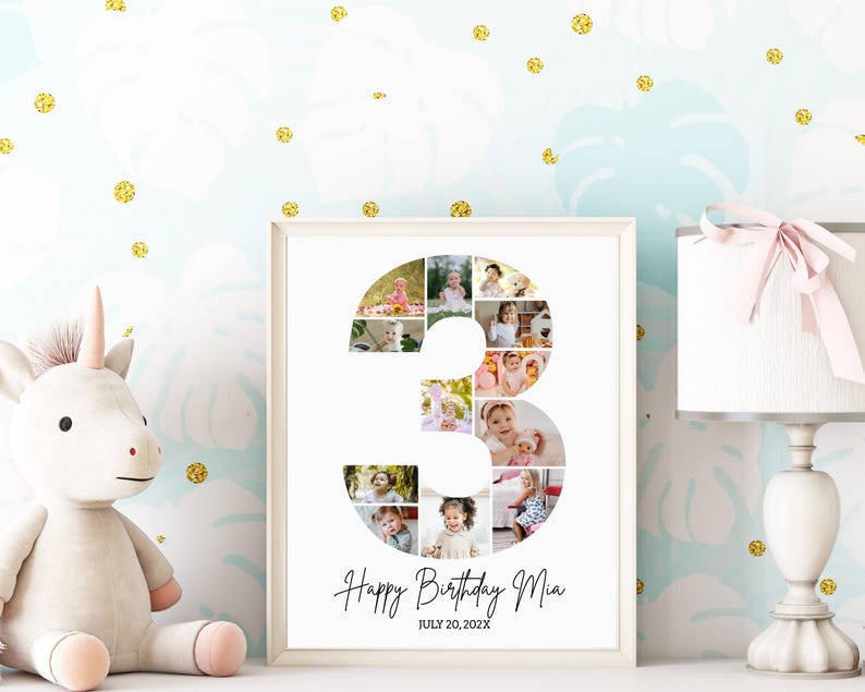 Third Birthday Photo Collage Template: Personalized Number 3 Canva Gift ...