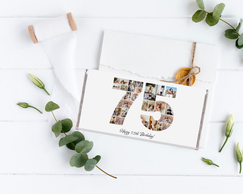 75th Birthday Candy Bar Wrapper: Editable Photo Chocolate Label (canva ...