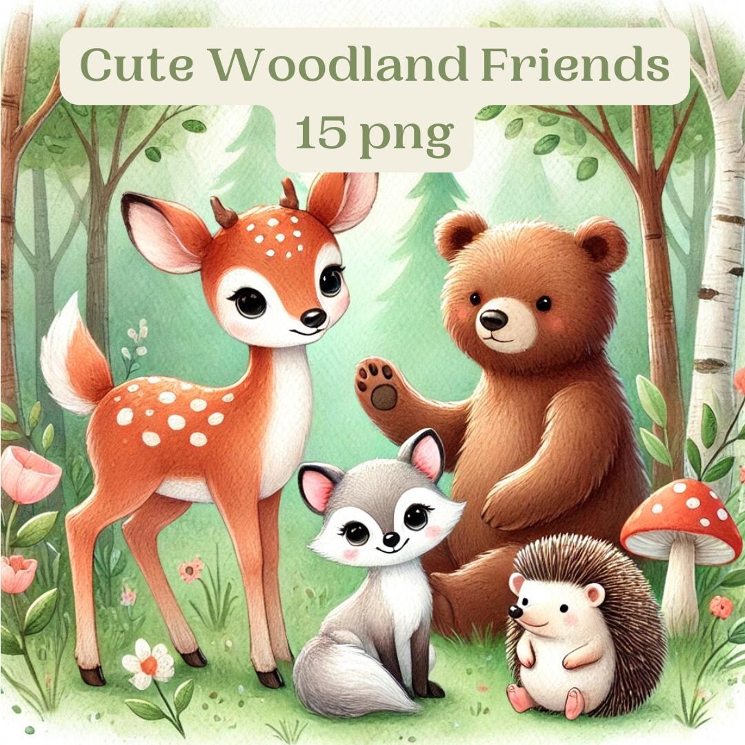 Woodland Animals Clipart Watercolor, Cute Creature Clipart Set, Nursery ...