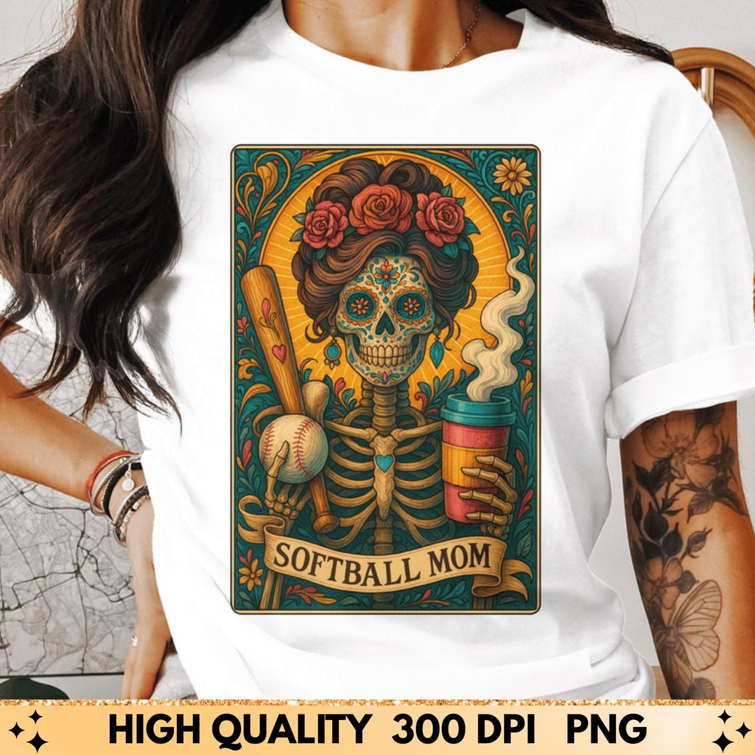Softball Mom PNG, Funny Skeleton Sublimation Design, Tarot Card Style ...