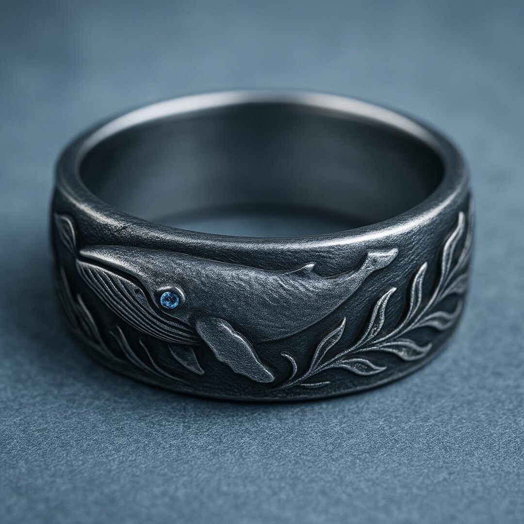 Handmade Sterling Silver Whale Ring: Engraved Ocean Band With Blue Gem ...