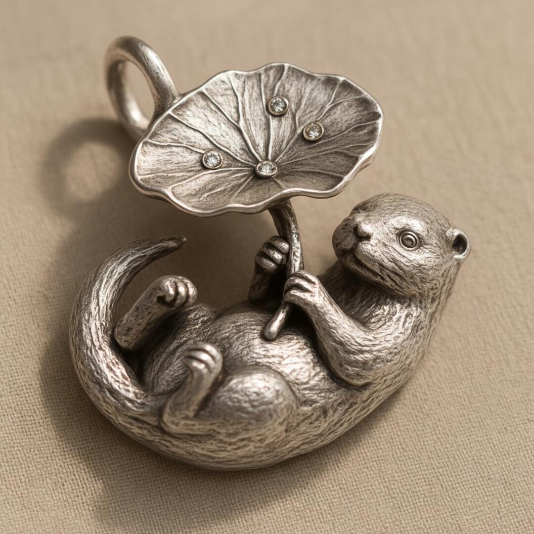 Handmade Sterling Silver Otter Necklace - Lotus Leaf CZ Pendant - Etsy