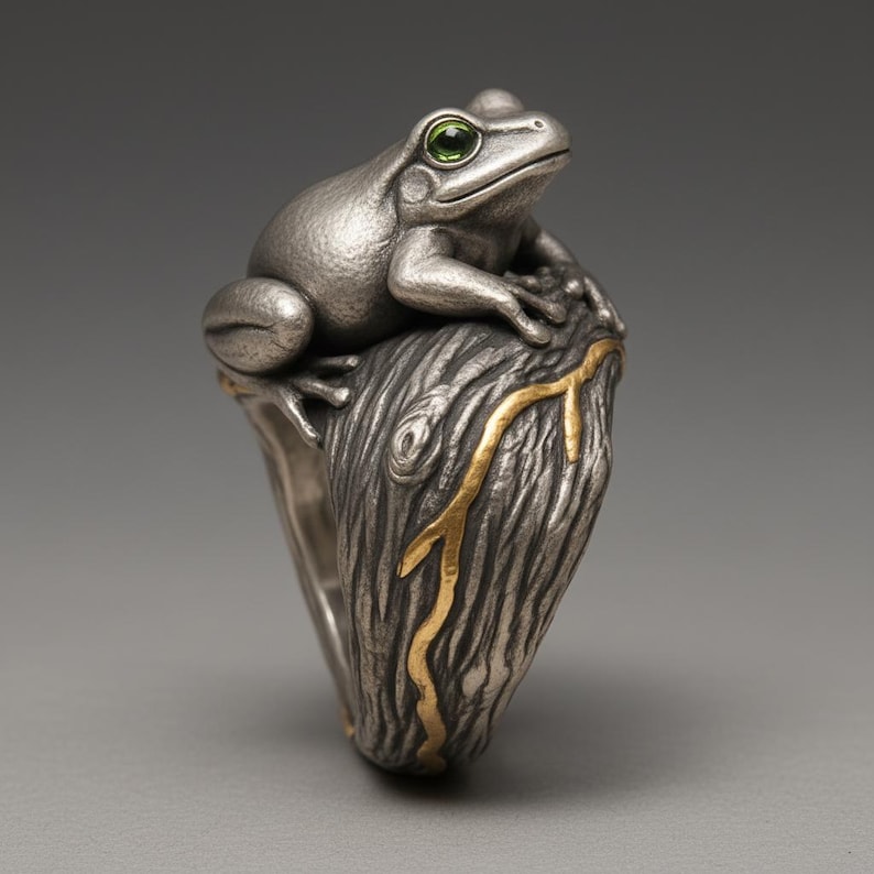 Oxidized Sterling Silver Frog Ring: Green Gem Eyes, Wood-texture Band ...