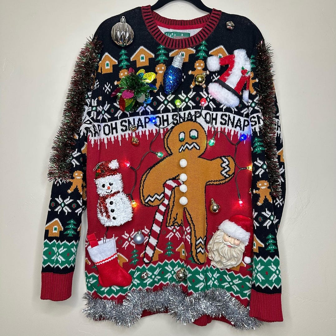 Ugly Christmas Sweater Gingerbread Man LIGHTS UP Tacky Tinsel Xmas ...