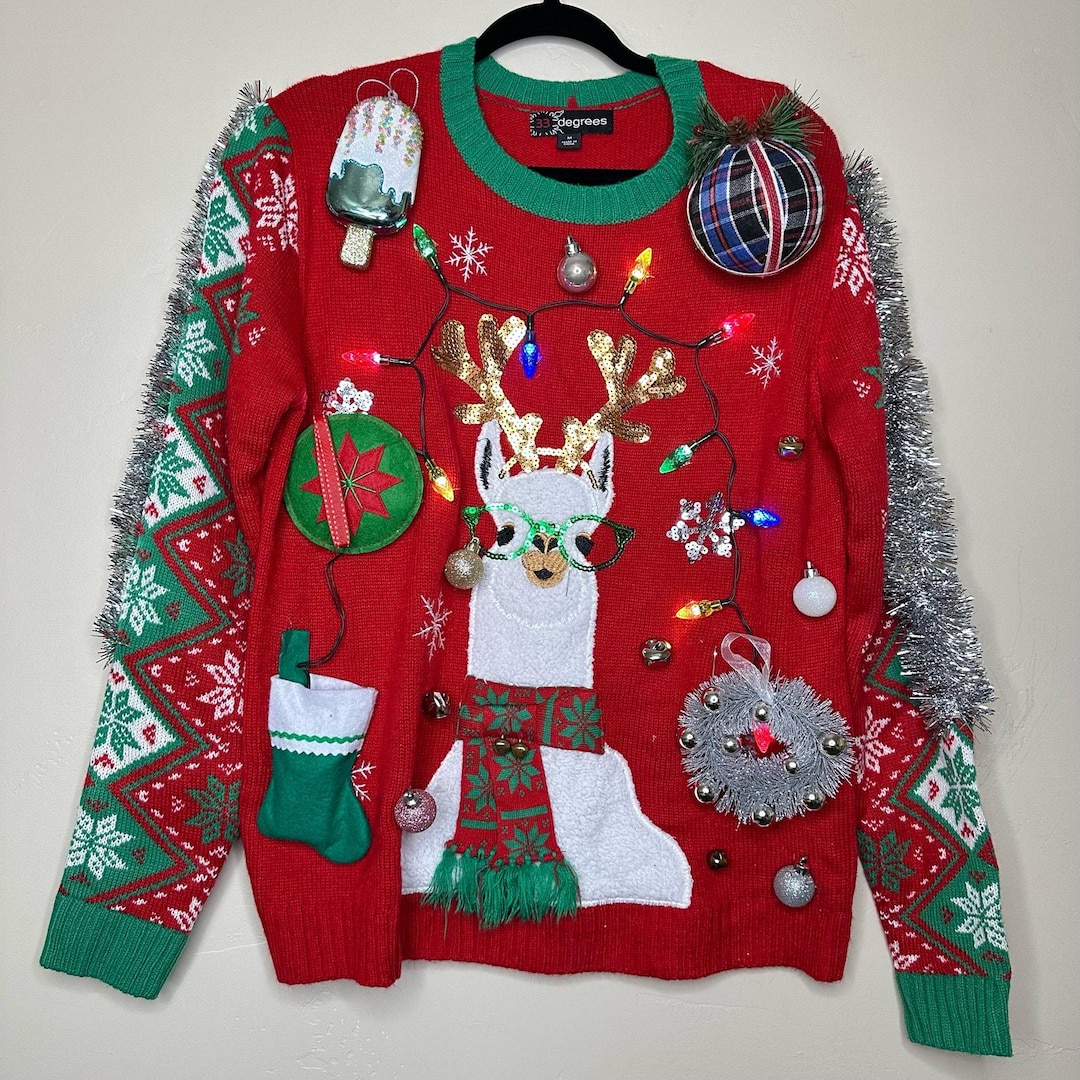 Ugly Christmas Sweater Llama LIGHTS UP Tacky Tinsel Xmas Party Winner ...